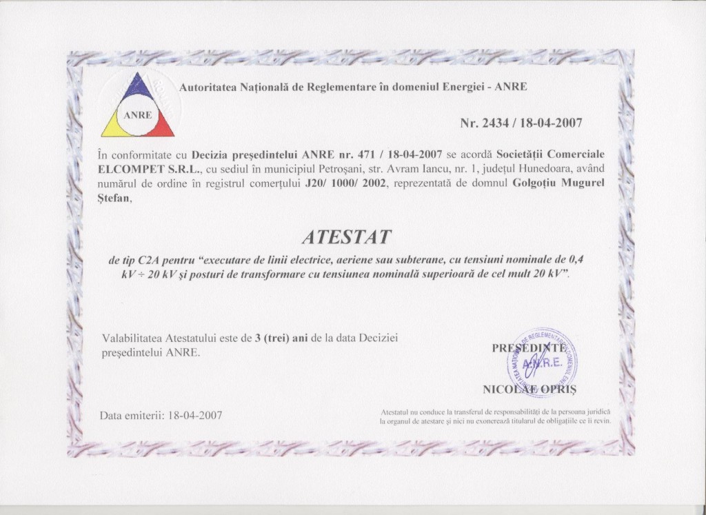 ATESTAT ANRE - C2A | Elcompet